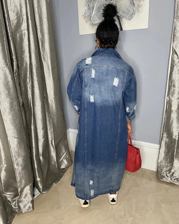 DISTRESSED LONG DENIM JACKET – Sassy2
